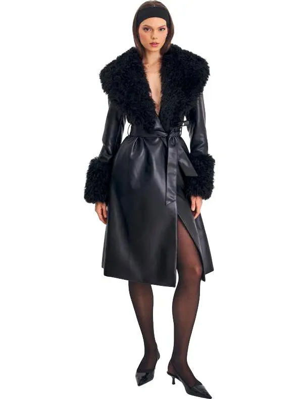 MISS CIRCLE Zariah Faux Fur Trimmed Longline Coat - Black