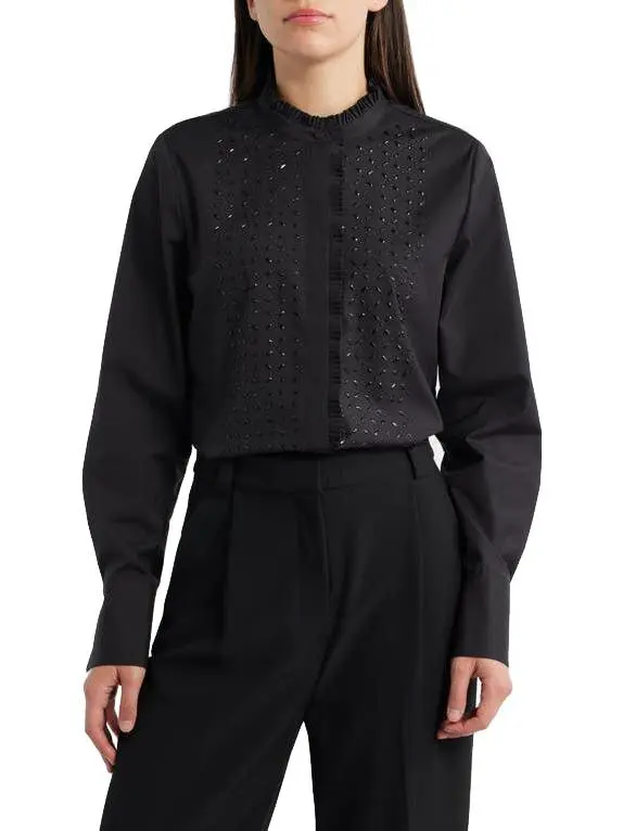 Kobi Halperin Mick Rhinestone Ruffle Cotton-blend Button-up Shirt - Black