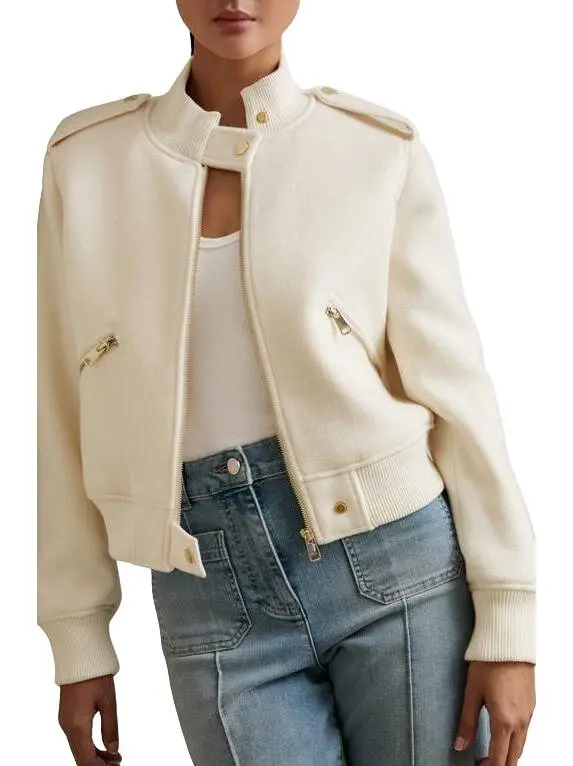 REISS Cleo Wool Bomber Jacket - Cream