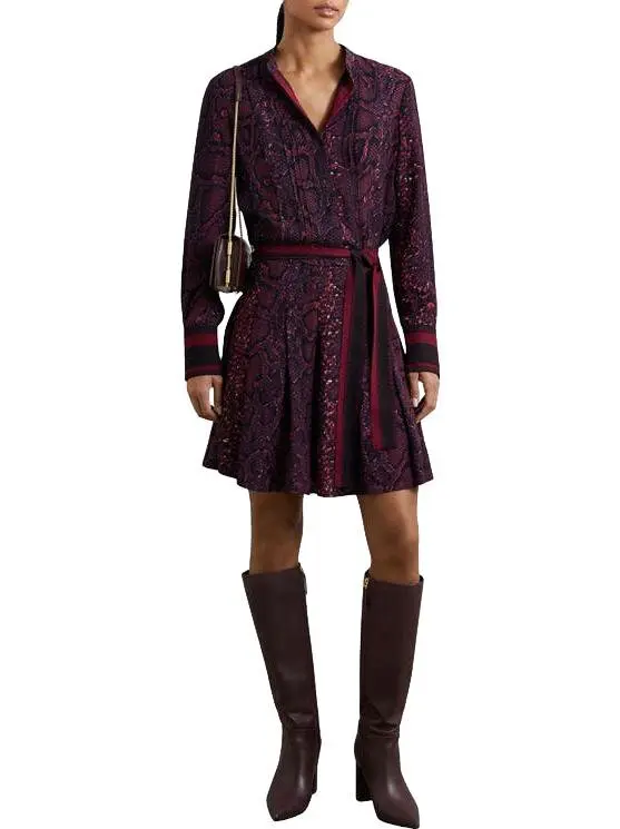 REISS Aurora Snake Print Shirtdress - Burgundy/black