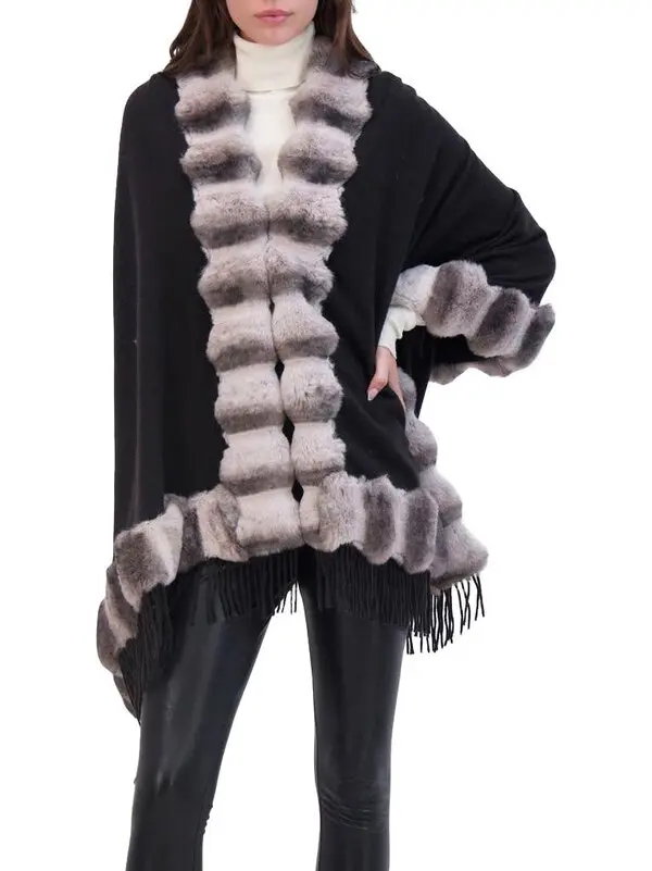 LYLA GRANT Cashmere And Wool Blend Cape With Faux Chinchilla Trim - Black/gray Chinch