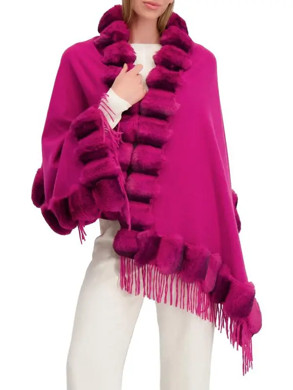 LYLA GRANT Cashmere And Wool Blend Cape With Faux Chinchilla Trim - Fuschia/fuschia Chinch
