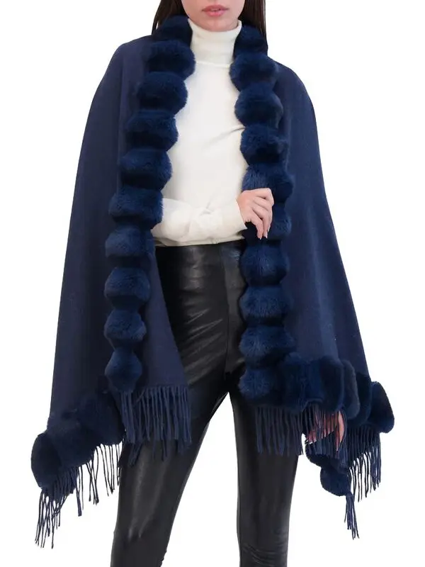 LYLA GRANT Cashmere And Wool Blend Cape With Faux Chinchilla Trim - Navy/navy Chinch