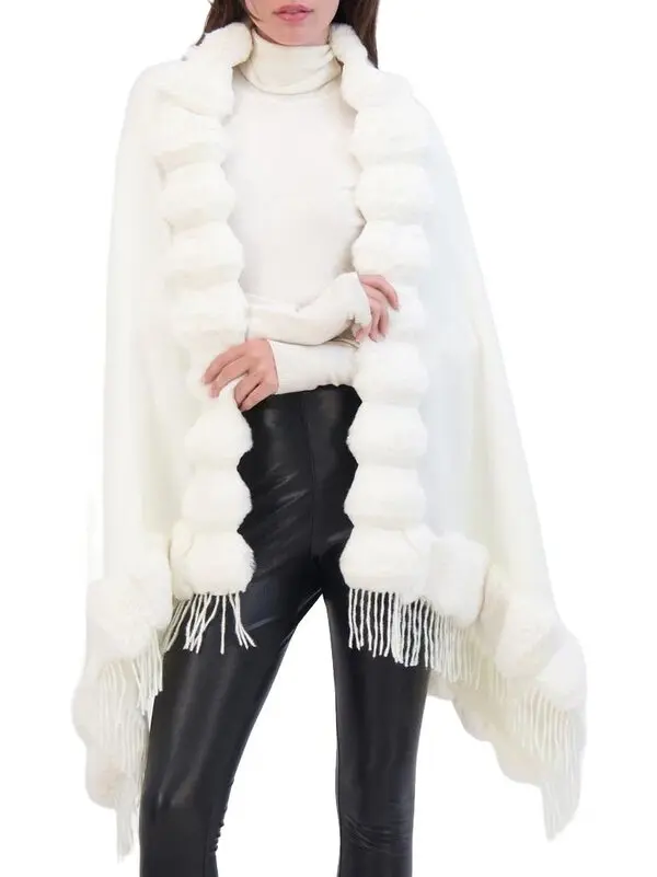 LYLA GRANT Cashmere And Wool Blend Cape With Faux Chinchilla Trim - White/white Chinch