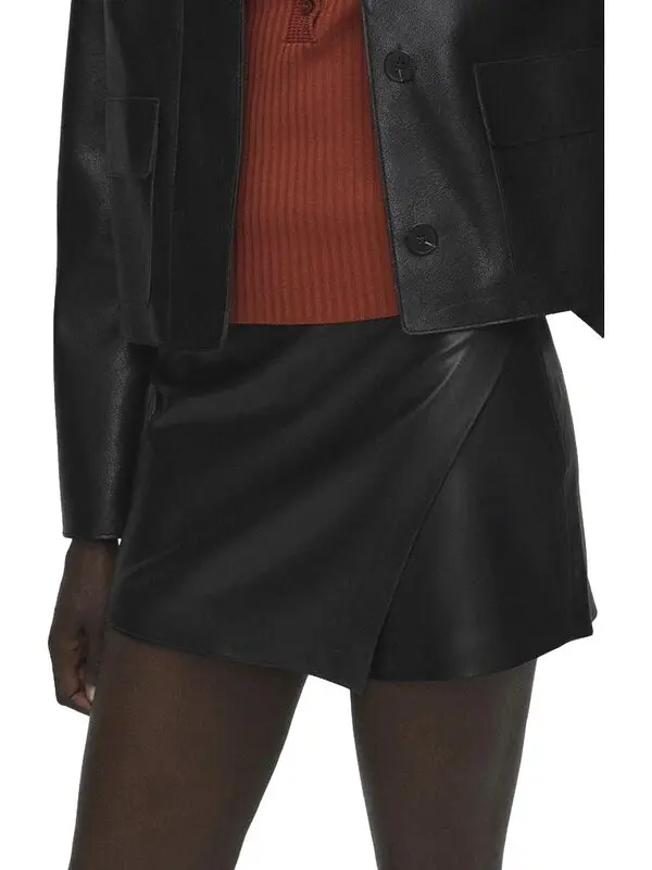 Mango Faux Leather Wrap Skort - Black