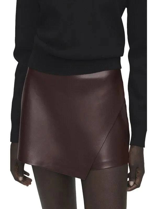 Mango Faux Leather Wrap Skort - Chocolate