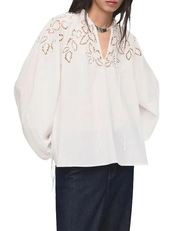 Mango Embroidered Eyelet Tie Cuff Long Sleeve Top - Ecru
