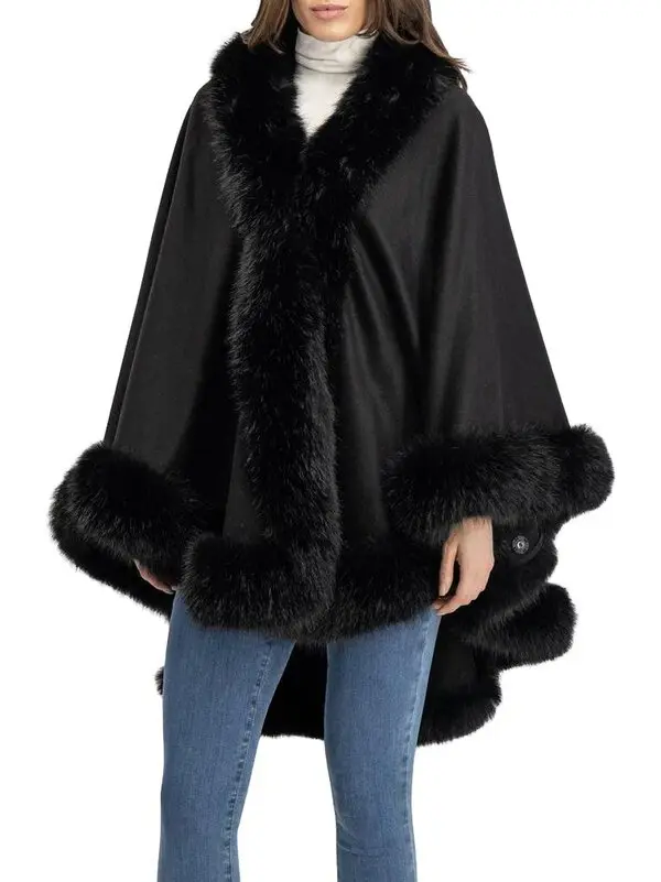 LYLA GRANT Cashmere And Wool Blend Cape With Faux Fur Trim - Black
