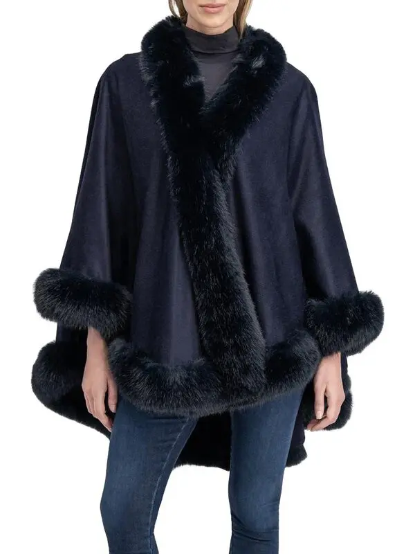 LYLA GRANT Cashmere And Wool Blend Cape With Faux Fur Trim - Navy