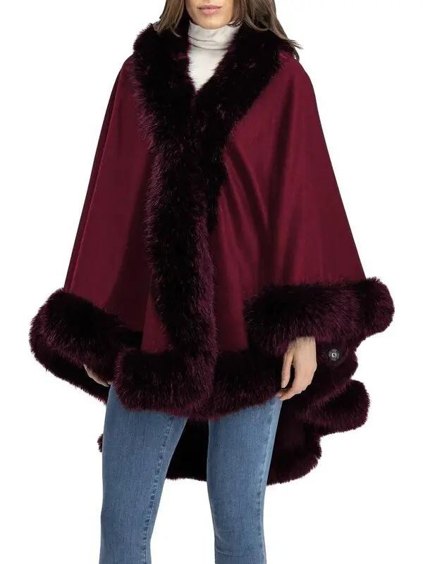 LYLA GRANT Cashmere And Wool Blend Cape With Faux Fur Trim - Wine