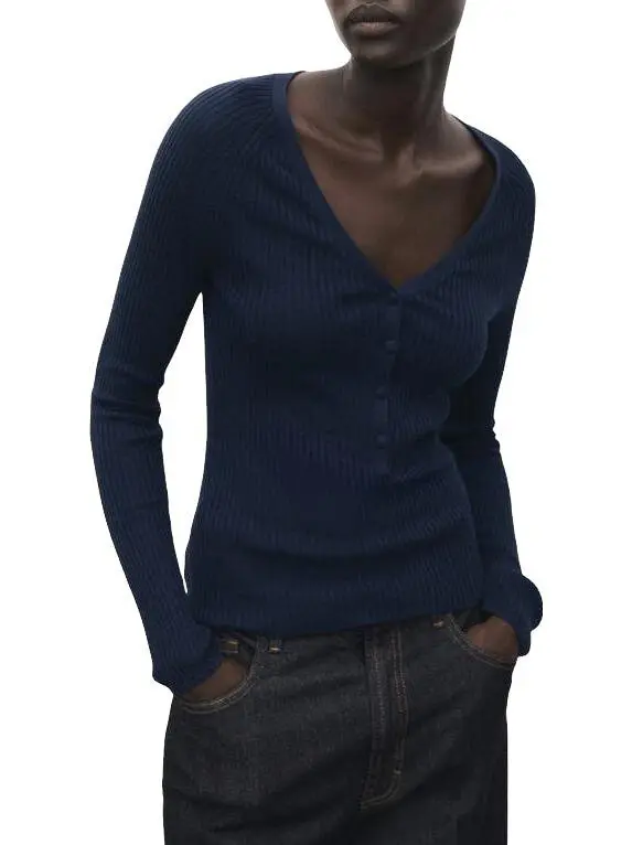Mango V-neck Ribbed Henley Sweater - Dark Navy