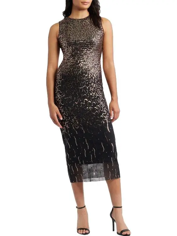 Anne Klein Sequin Sheath Midi Dress - Anne Black/rose Gold