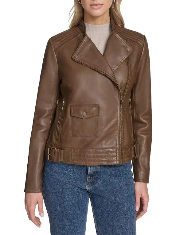 Andrew Marc Frankie Leather Moto Jacket - Oak