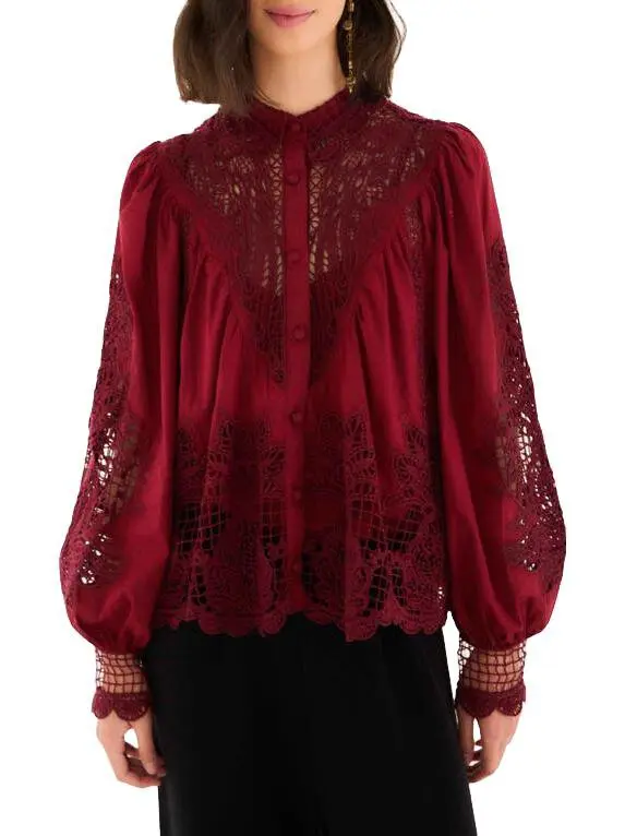 Farm Rio Guipure Lace Cotton Button-up Shirt - Burgundy