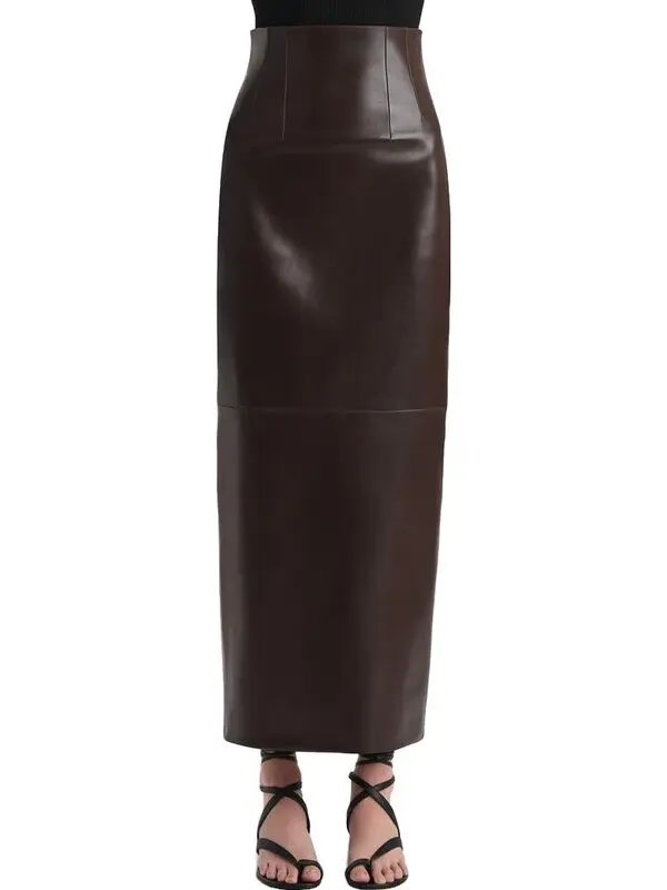 Khaite Loxley Lambskin Leather Pencil Skirt - Mud