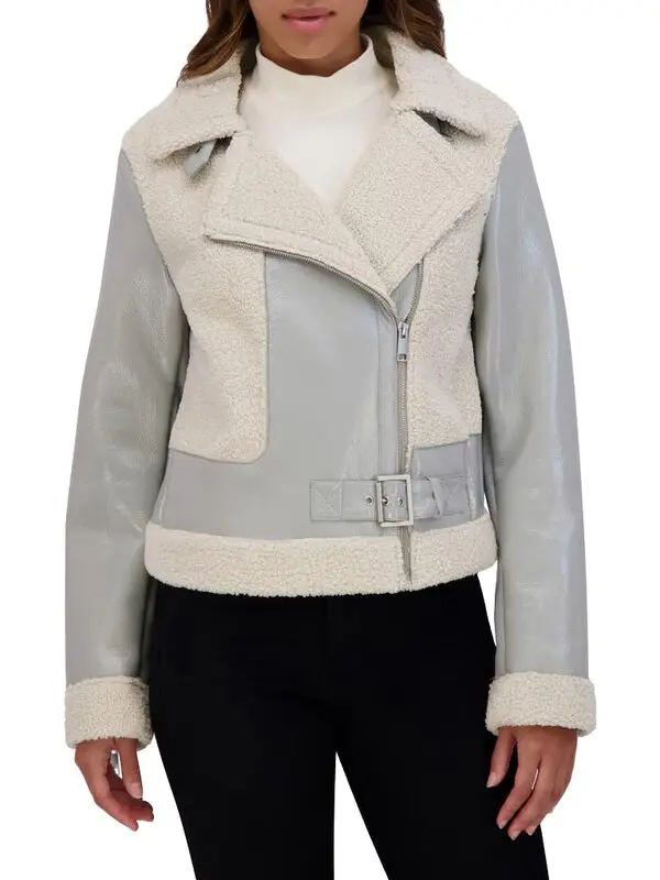 Andrew Marc Udall Faux Shearling Moto Jacket - Cement