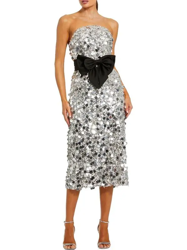 Mac Duggal Strapless Paillette Column Midi Dress With Bow - Black Silver