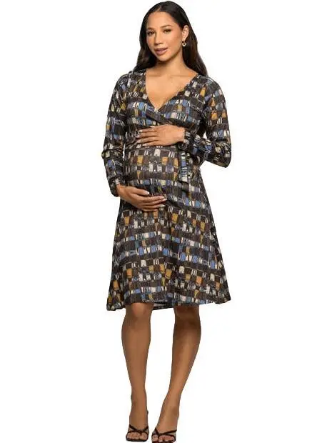 24SEVEN COMFORT APPAREL Long Sleeve Geometric Print Wrap Dress With Belt - Brown Multi