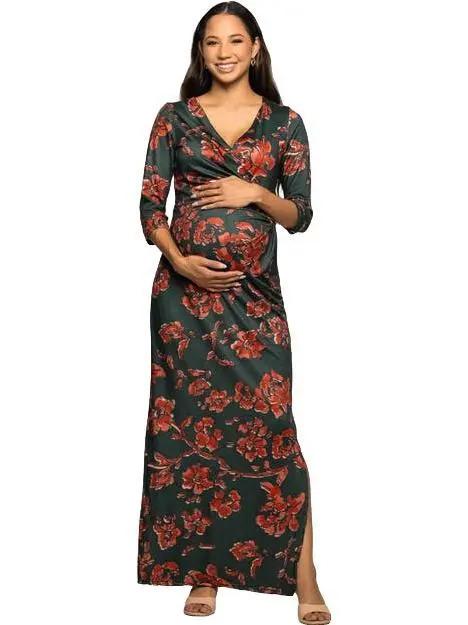 24SEVEN COMFORT APPAREL Floral Print Three Quarter Sleeve Side Slit Maxi Dress - Green Multi