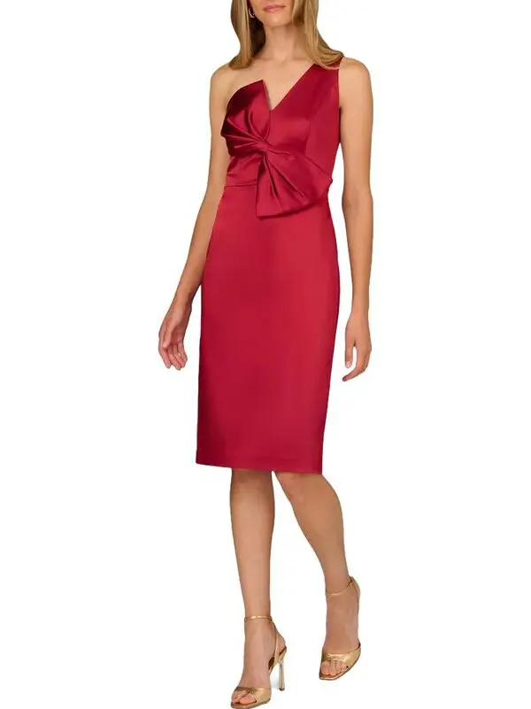 Aidan Mattox Bow Detail One-shoulder Satin Sheath Dress - Matador Red