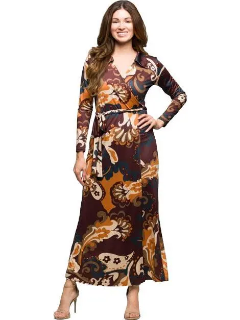 24SEVEN COMFORT APPAREL Paisley Belted Maxi Dress - Brown Multi