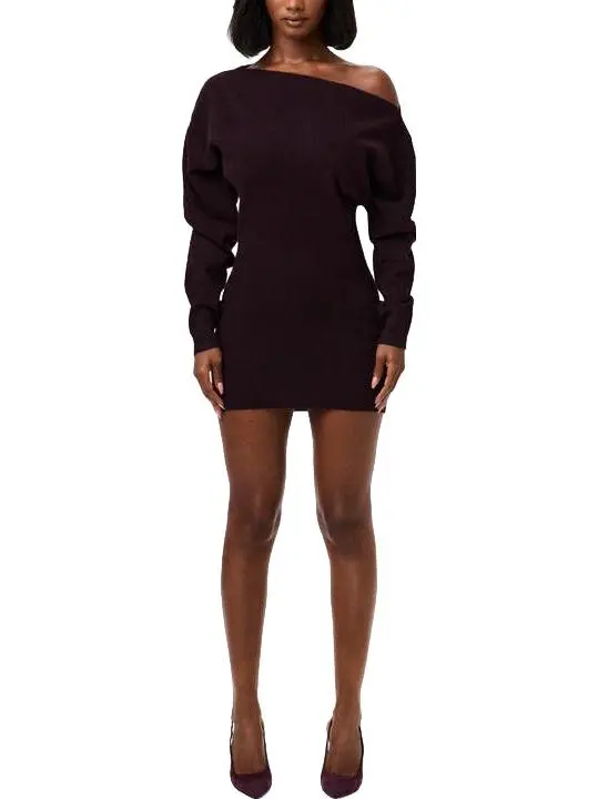 Naked Wardrobe One-shoulder Long Sleeve Mini Sweater Dress - Dark Berry