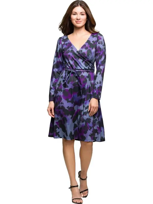 24SEVEN COMFORT APPAREL Long Sleeve Belted Wrap Dress - Purple Multi