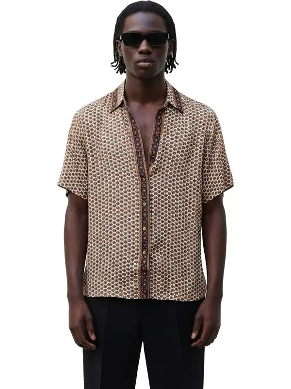 MONZLAPUR Embossed Botanical Short Sleeve Crepe Shirt - Copper