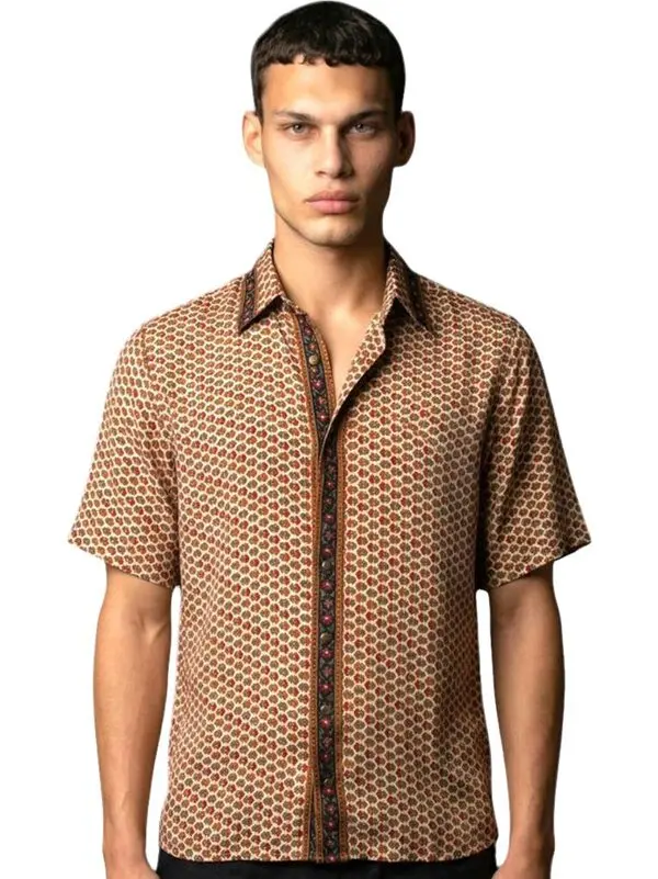 MONZLAPUR Embossed Botanical Short Sleeve Crepe Shirt - Copper