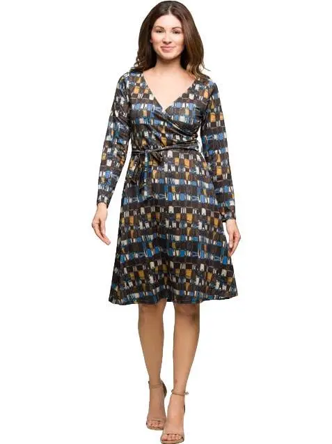 24SEVEN COMFORT APPAREL Geometric Print Long Sleeve Wrap Dress With Belt - Brown Multi
