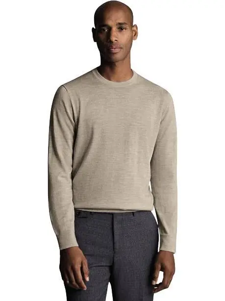 CHARLES TYRWHITT Pure Merino Wool Crew Neck Sweater - Limestone