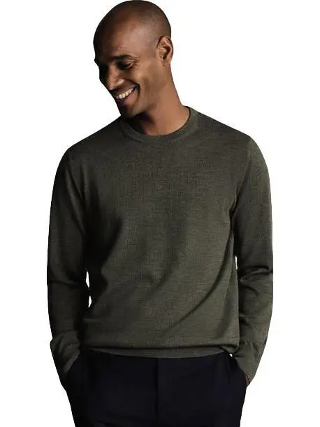 CHARLES TYRWHITT Pure Merino Wool Crew Neck Sweater - Olive Green
