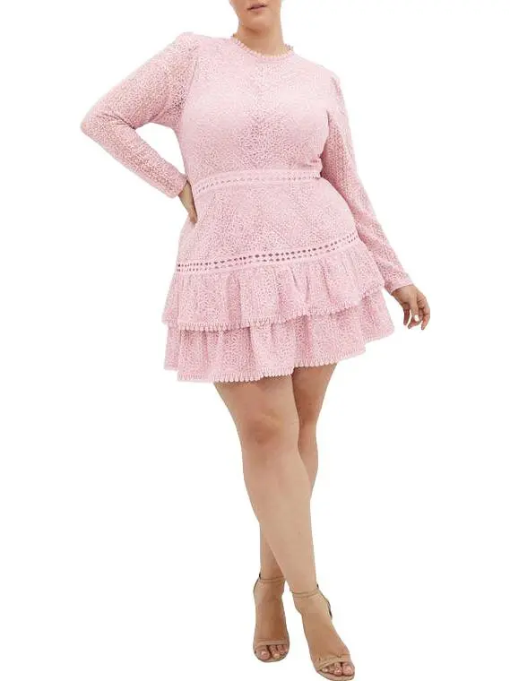 City Chic Gabriella Long Sleeve Lace Minidress - Soft Rose