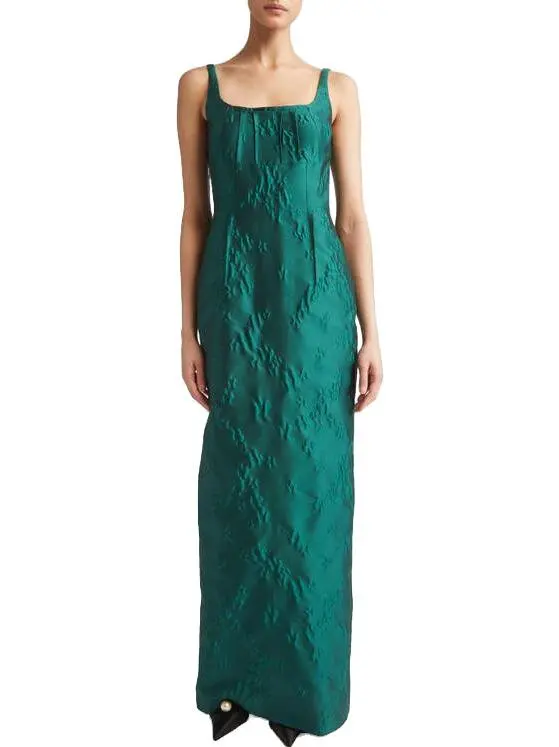 EMILIA WICKSTEAD Sharon Sleeveless Ditsy Metallic Floral Jacquard Column Gown - Emerald Green