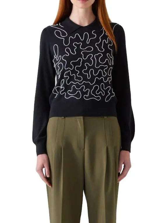 LK BENNETT Judy Embellished Collared Sweater - Black Cream