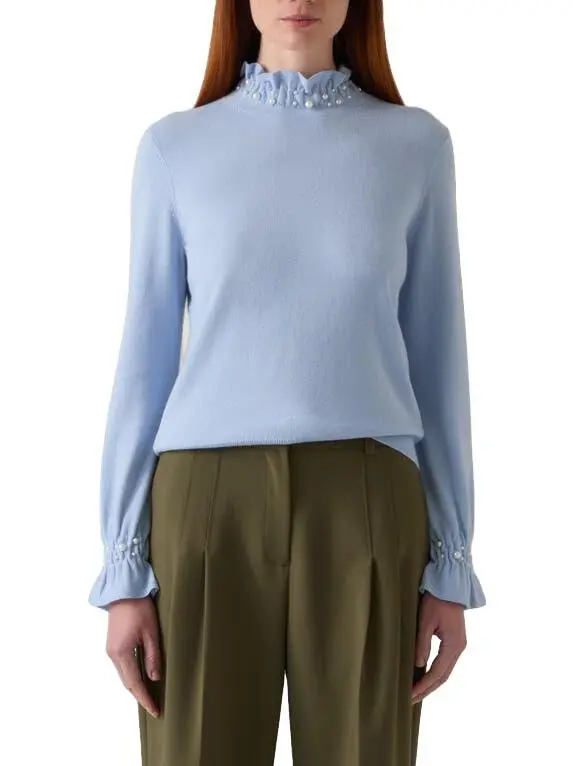 LK BENNETT Vera Faux Pearl Accent Ruffle Sweater - Blue Multi