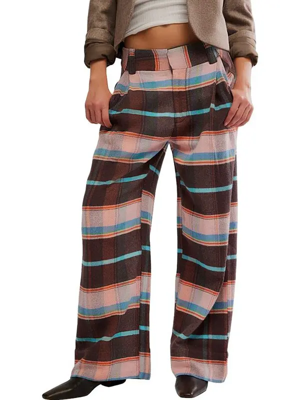 Free People Plaid Cotton Wide-leg Pants With Buckle Detail - Brown Combo