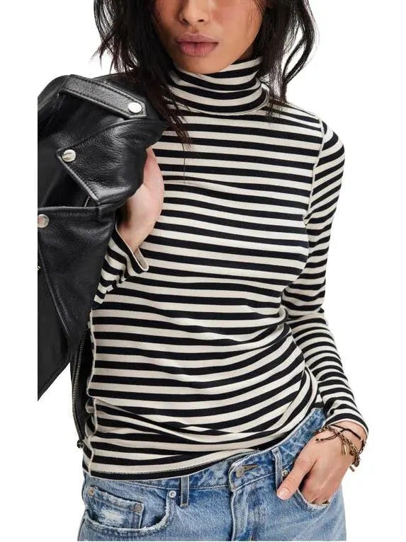 Free People Striped Turtleneck Top - Black Combo