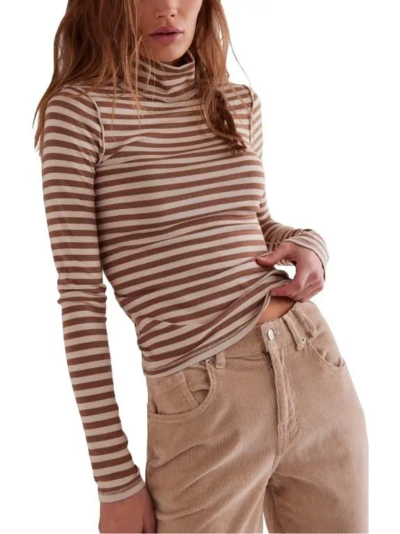 Free People Striped Turtleneck Top - Otter/tea