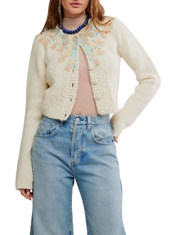 Free People Pixie Beaded Floral Cardigan - Ivory