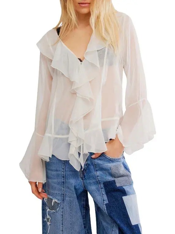 Free People Tulula Ruffle Chiffon Top - Clean Ivory Combo
