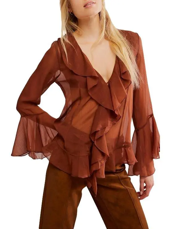 Free People Tulula Ruffle Chiffon Top - Umber Earth Combo