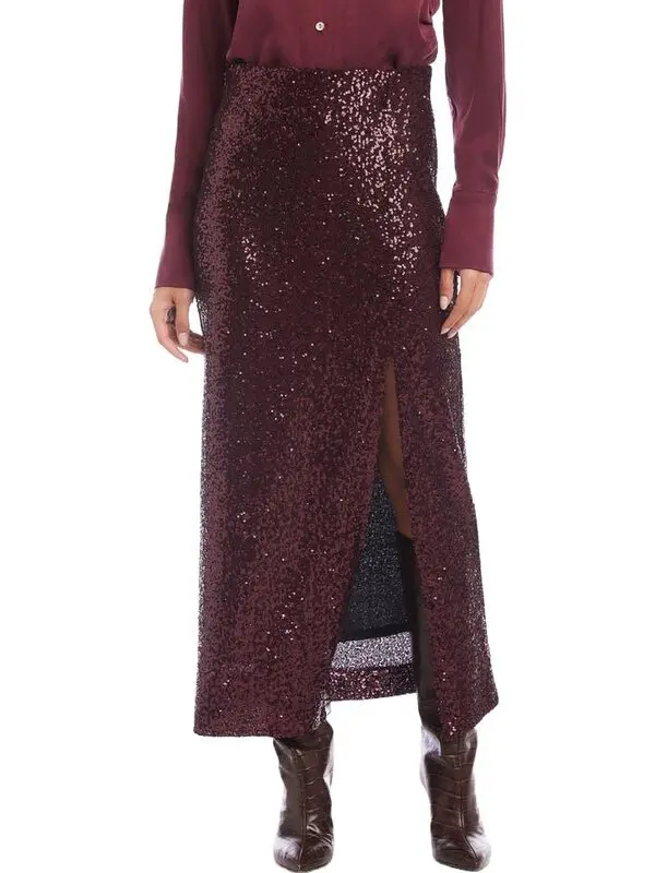 Fifteen Twenty Sequin High-waisted Midi Skirt With Slit - Eggplant