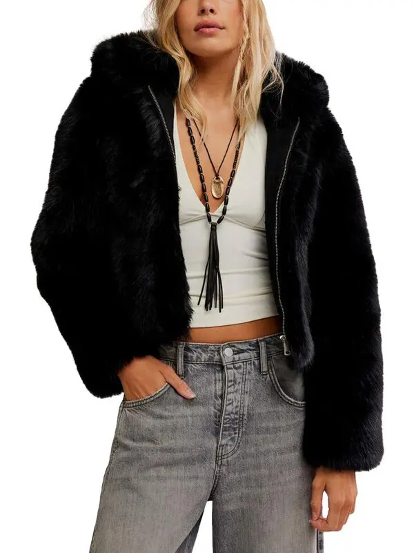 Free People Louder Please Hooded Faux Fur Jacket - Black