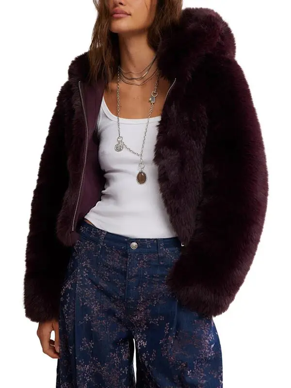 Free People Louder Please Hooded Faux Fur Jacket - Grape