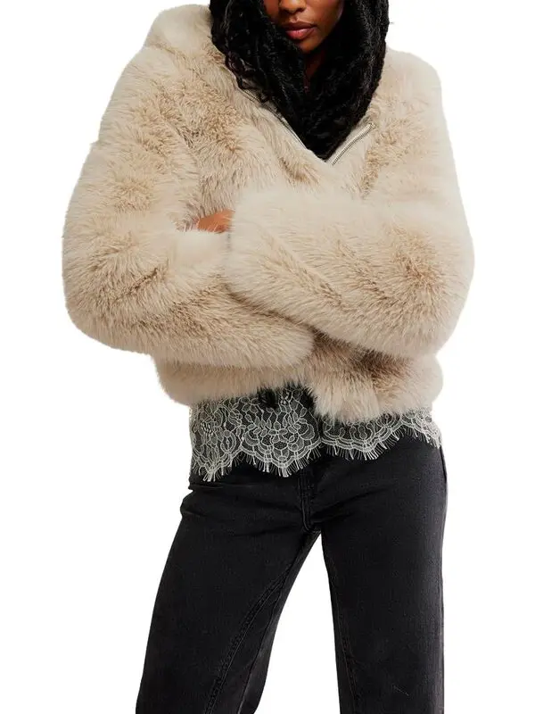 Free People Louder Please Hooded Faux Fur Jacket - Ivory