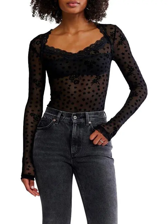 Free People Semisheer Floral Bodysuit - Black