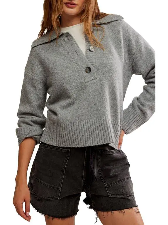 Free People Cotton Blend Polo Sweater - Grey Heather