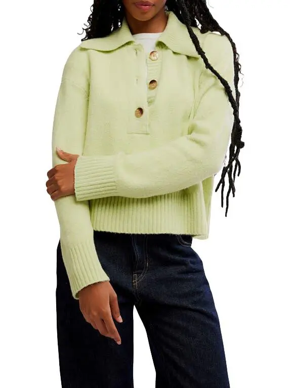 Free People Cotton Blend Polo Sweater - Matcha Melange