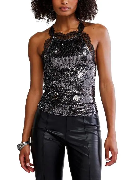 Free People Sequin And Lace Tank Top - Gunmetal Combo
